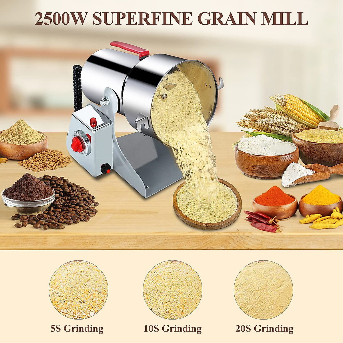 750g Electric Grain Dry Grinder Commercial Swing Type Dry Mill Machine, Stainless Steel 2600W High Speed Pulverizer for Coffee Spice Grind…