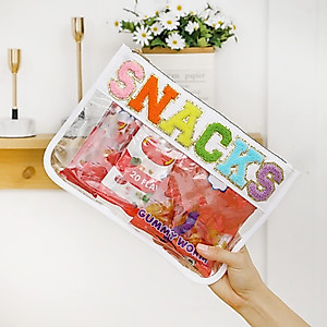 DYSHAYEN Chenille Letter Clear Zipper Pouch for Travel,Nylon Clear Cosmetic Bag,Makeup Travel Bag for Women (White-Snacks)