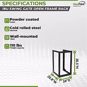 NavePoint 18U Server Rack with Swing Gate - 18U Wall Mount Rack for 19 Inch IT Equipment Open Frame Rack – Network Rack Wall Mount for AV & Server Equipment 24” Deep 18U Rack, Black
