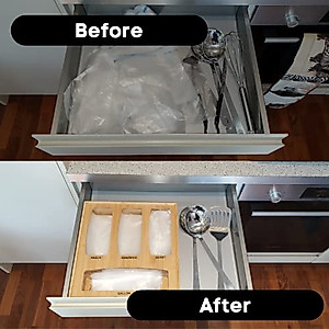 Ninjur Bamboo Ziploc Bag Storage Organizer & Dispenser for Kitchen Drawer – Food Baggie Organization Holder with Slider - Compatible with Gallon, Quart, Sandwich and Snack Plastic Bags