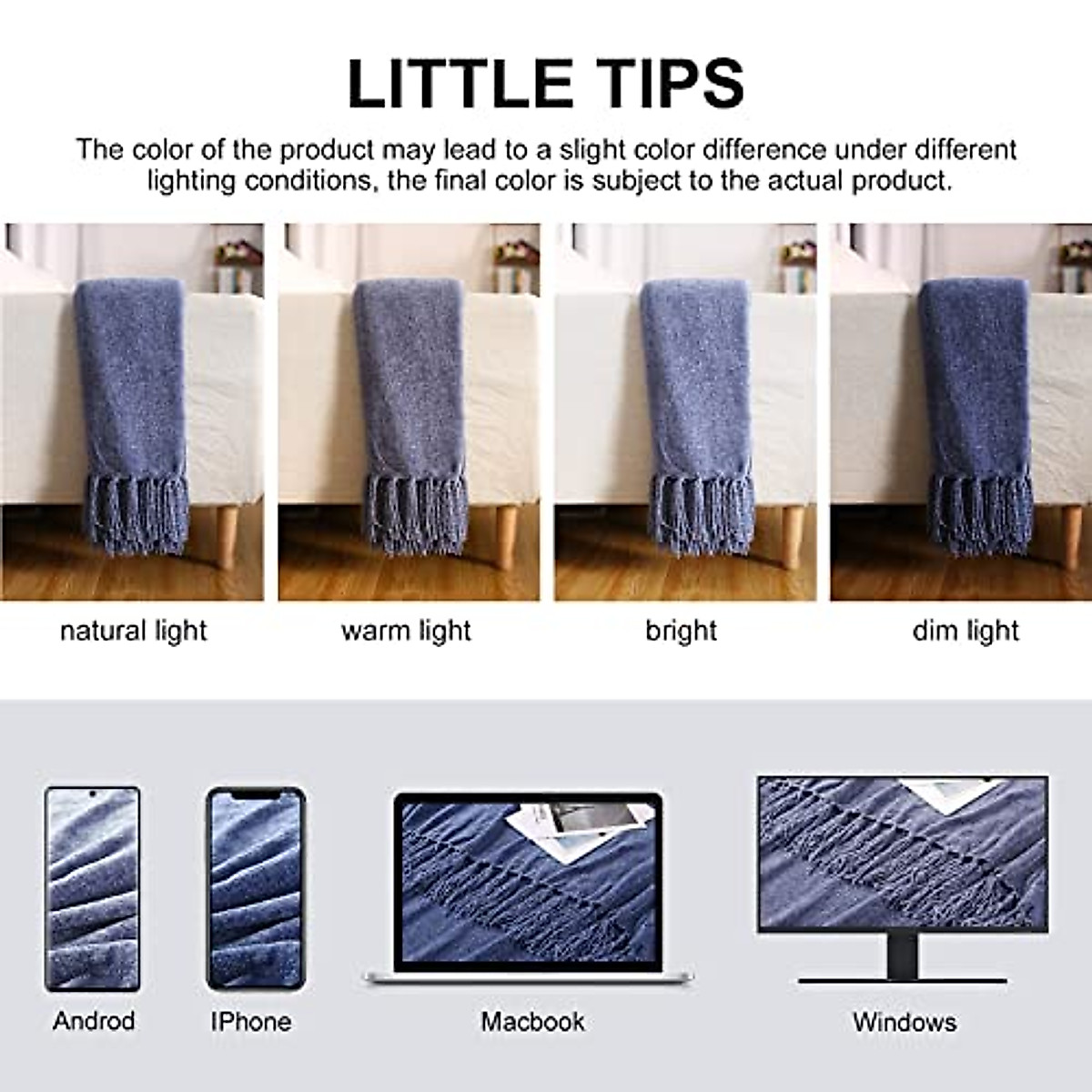 QUILTINA Super Value Fleece Throw Blankets for Couch, Lightweight Bed Blanket with Tassel for All Seasons, Spring/Summer Soft Blanket for Decoration & Outdoor Use (60'' x 50'' Blue)
