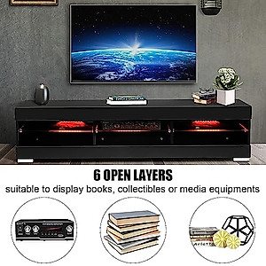 HOMMPA LED TV Stand with LED Lights for 65 inch TV Modern Entertainment Center with Storage 57" Black TV Console with Glass Shelves for Living Room 15" Tall