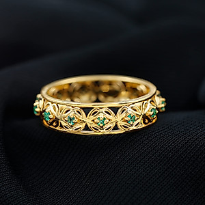 Rosec Jewels Certified Emerald Celtic Knot Eternity Ring, Vintage Inspired Band, AAAA Quality, Lab Grown Emerald Wide Band, 14K Yellow Gold, Size:US 5.00