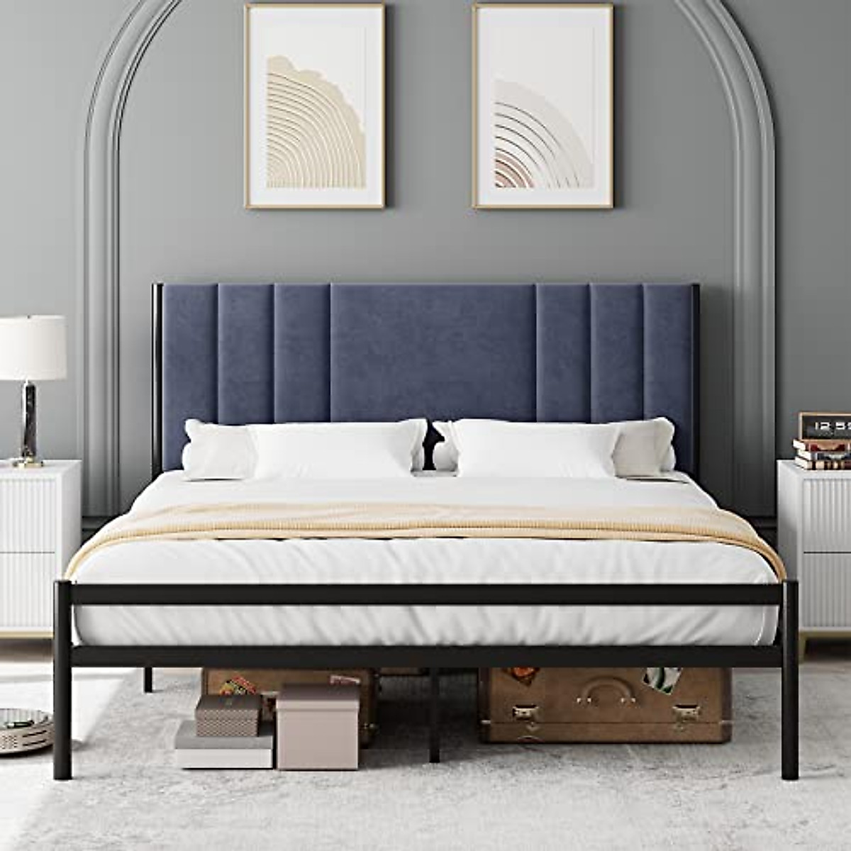 Homhougo Twin Bed Frame, Platform Bed Frame with Velvet Headboard, Heavy Duty Metal Bed Frame with 15 Strong Slats Support, Box Spring Optional, Easy Assembly, Grey