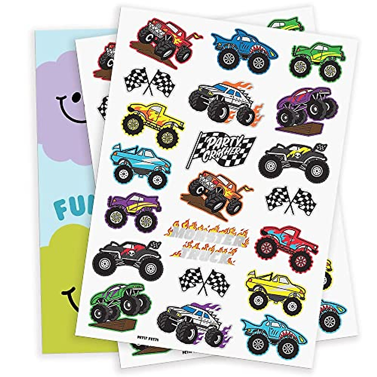 xo, Fetti Monster Truck Party Supplies Temporary Tattoos - 42 Metallic Styles | Trucks, Big Cars, Finish Lines + Flames