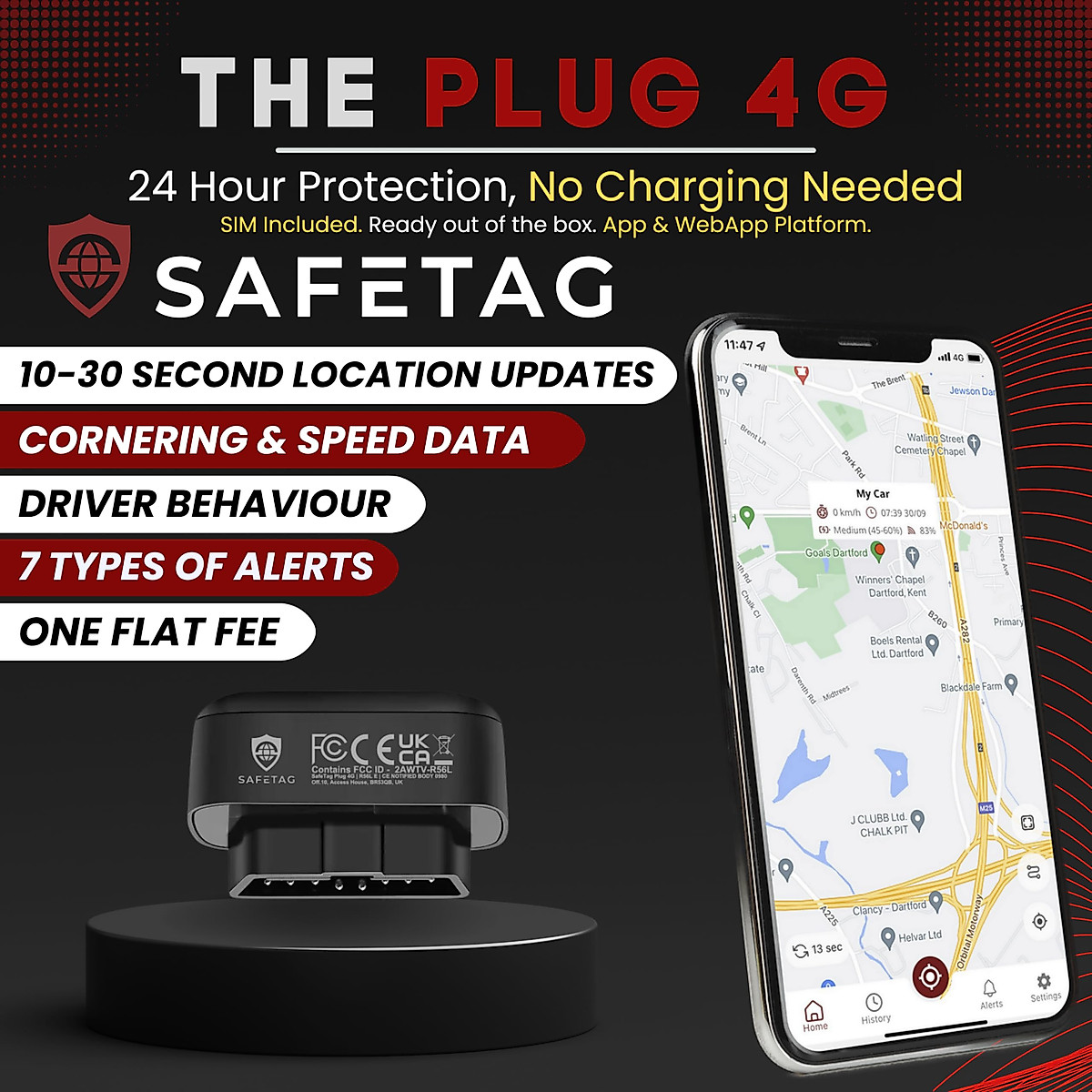 SafeTag Plug - 4G LTE Car GPS Tracker, Vehicle Location Every 10-30 Seconds, Multiple GeoFences, Route Playback, Monitor Speed, Driving Behaviour, No Activation Fees, Cancel Anytime, 7 Day Free Trial