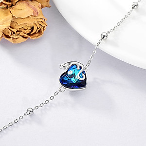 AOBOCO Cat Bracelet for Women Sterling Silver Cute Cat Jewelry with Blue Sapphire Heart Crystal from Austria, Cat Jewelry Gifts for Women Cat Lovers