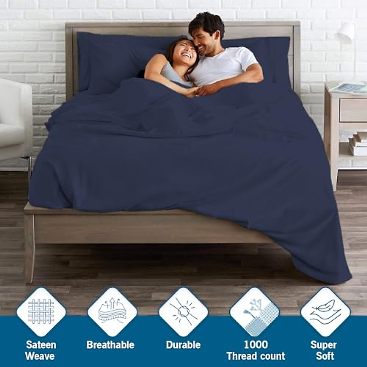 Saaz Linen 1000 Thread Count Full Size Sheet Set - 100% Egyptian Cotton Hotel Luxury Collection Bedding Sheets - Fits Upto 16 Inch Deep Pocket - Sateen Weave Solid 4 Piece Sheets Set (Navy Blue)