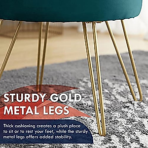Ornavo Home Modern Round Velvet Storage Ottoman Foot Rest Vanity Stool/Seat with Gold Metal Legs & Tray Top Coffee Table - Teal