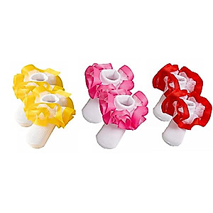 WBZOTSS 3 Pairs Ruffle Lace Barbie Socks, Double Turn Cuff Princess Dress Socks for Newborn/Infant/Toddler/Little Baby Girls