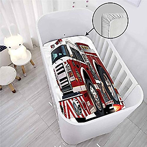 LCGGDB Fire Truck Crib Fitted Sheet,Rescue Department Car Breathable Cozy Baby Sheet for Standard Crib and Toddler mattresses Nursery Bedding Sheet Crib Mattress Sheets for Boys and Girls,28" x 52"