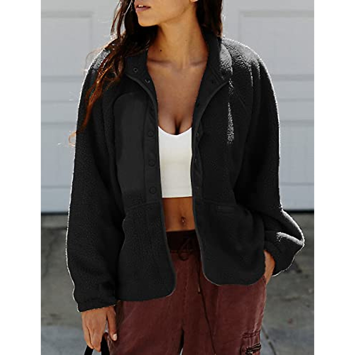 PRETTYGARDEN Women 2023 Fall Fleece Jacket Long Sleeve Casual Winter Lapel Button Fuzzy Sherpa Coats Outerwear with Pockets (Black, Medium)