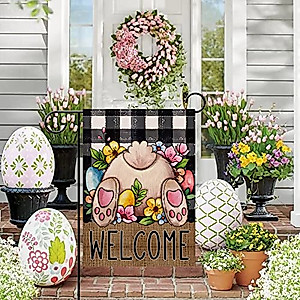 Artofy Welcome Easter Bunny Rabbit Small Decorative Garden Flag, Egg Flowers Farmhouse Yard Lawn Outside Decor, Spring Buffalo Plaid Check Burlap Outdoor Home Decoration Double Sided 12 x 18