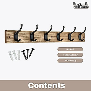 keypak Modern Wall Mounted Coat Rack, Matte Black Hooks on Wood Base (6 Hooks, Ash Effect)