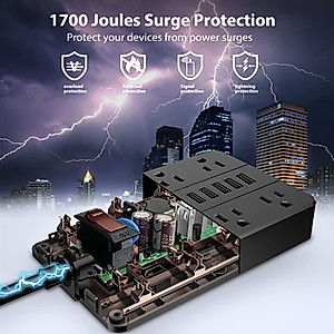 Power Strip with 6 USB,HUNIAN 5 Ft Extension Cord Flat Plug with 8 Widely Spaced Outlets Overload Protection Indoor Desk Charging Station Surge Protector for Home and Office Accessories, Black