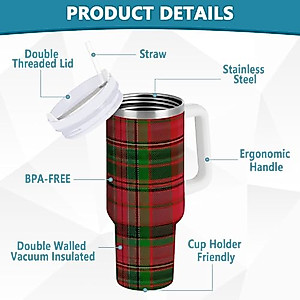 40 Oz Red Green Grid Tumbler Cups with Handle and Straw, Insulated Vacuum Tumbler