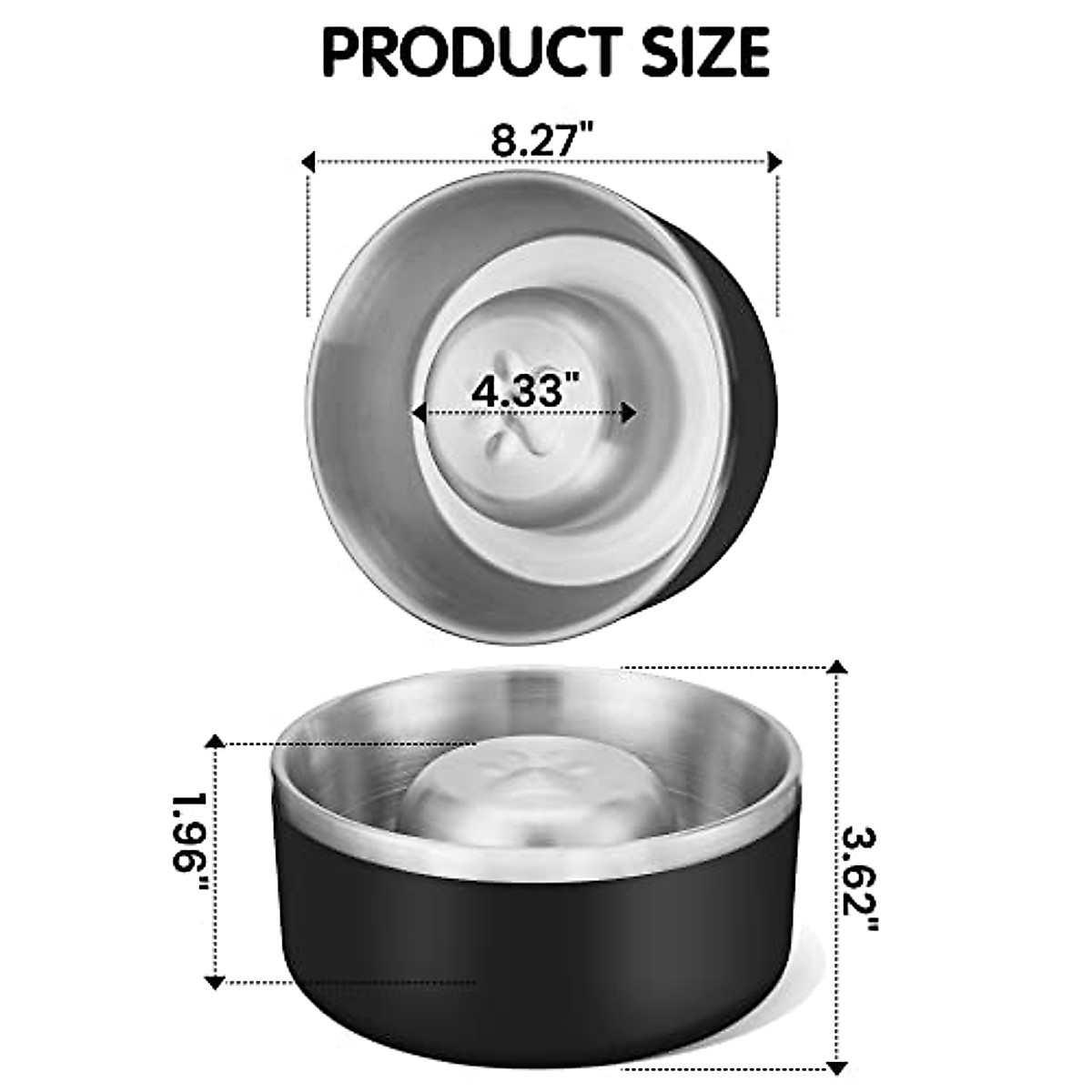 PETTOM Slow Feeder Dog Bowl, 18/8 Stainless Steel Dog Bowl Slows Down Food, Non-Slip Rubber Bottom Pet Food Water Bowl (50oz, Black)