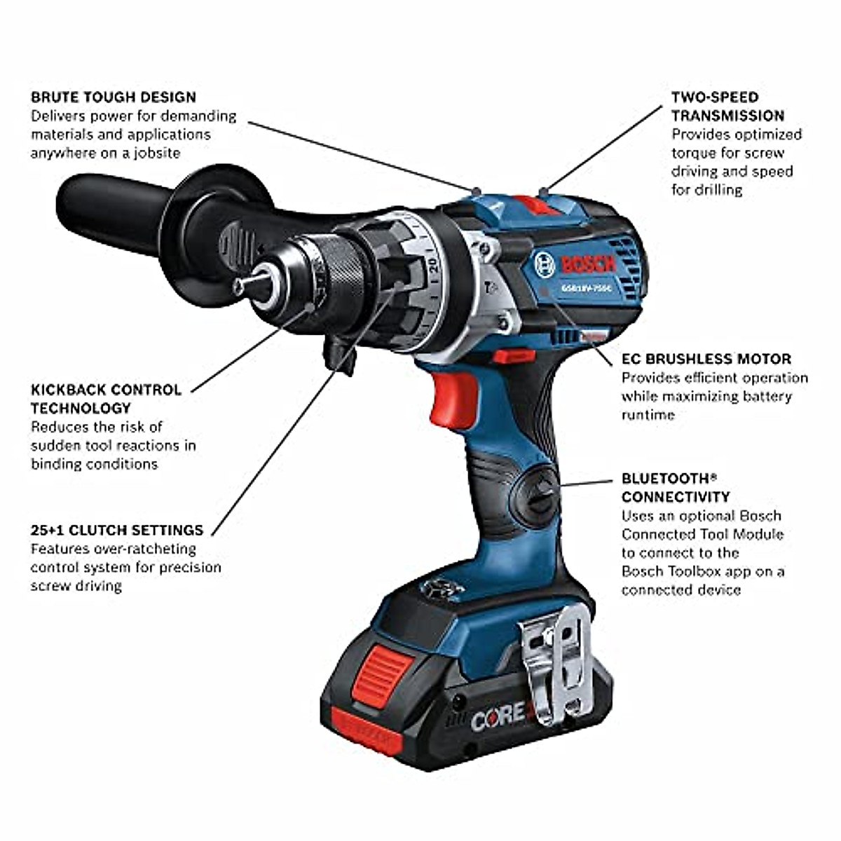 Bosch GSB18V-755CB25 18V EC Brushless Connected-Ready Brute Tough 1/2 In. Hammer Drill/Driver Kit with (2) CORE18V Batteries