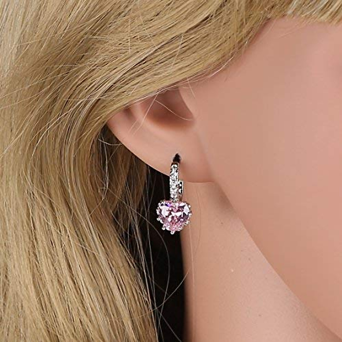 GULICX Heart shape Created Pink sapphire Cubic Zirconia Silver Tone hoops shiny earrings