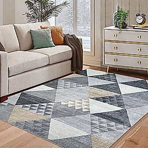 RUGSREAL Machine Washable Area Rugs Accent 8' x 10' Modern Boho Chic Velvet Floorcover Indoor Carpet Contemporary Geometric Area Rug for Living Room Bedroom Home Office, Grey and Yellow