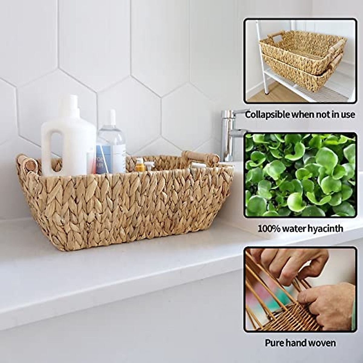 Wicker Storage Baskets for Shelves Water Hyacinth Woven Basket with Built-in Handles Large Closet Storage Bins for Organizing(2-Pack)