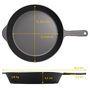 COOKLIFE 12 Inch Smooth Cast Iron Skillet with Wooden Spatula - Dishwasher & Oven Safe Pre-Seasoned Cast Iron Pan - Safe Cast Iron Frying Pan for Indoor & Outdoor Use