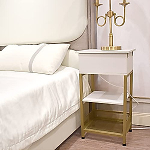 SZLHANJZ Modern Nightstand, White Nightstand with Charging Station, Slide Top Bed Side Table with Storage Drawer, 3 Tier Wood & Metal Narrow End Table for Home Apartment Dorm, Gold + White