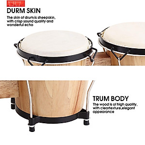 NXWVPC Bongo Drums, 2 Set 6" and 7" Drum Set, Tunable Percussion Instruments Synthetic Metal Frame Construction Bongo Drum for Kids Adults Beginners with Travel Bag and Tuning Wrench, Natural Finish