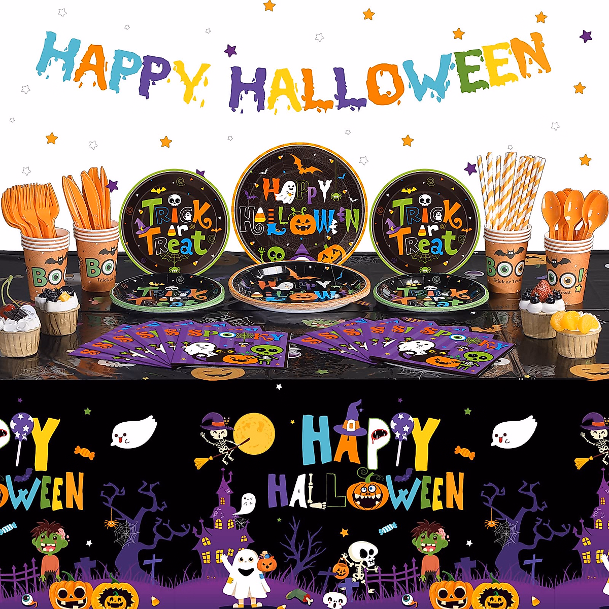 194 Pieces Halloween Party Supplies Tableware Set,Paper Dessert Plates Cups and Napkins Plastic Tablecloth Disposable Straws Knives Forks for Happy Halloween Holiday Party Decorations