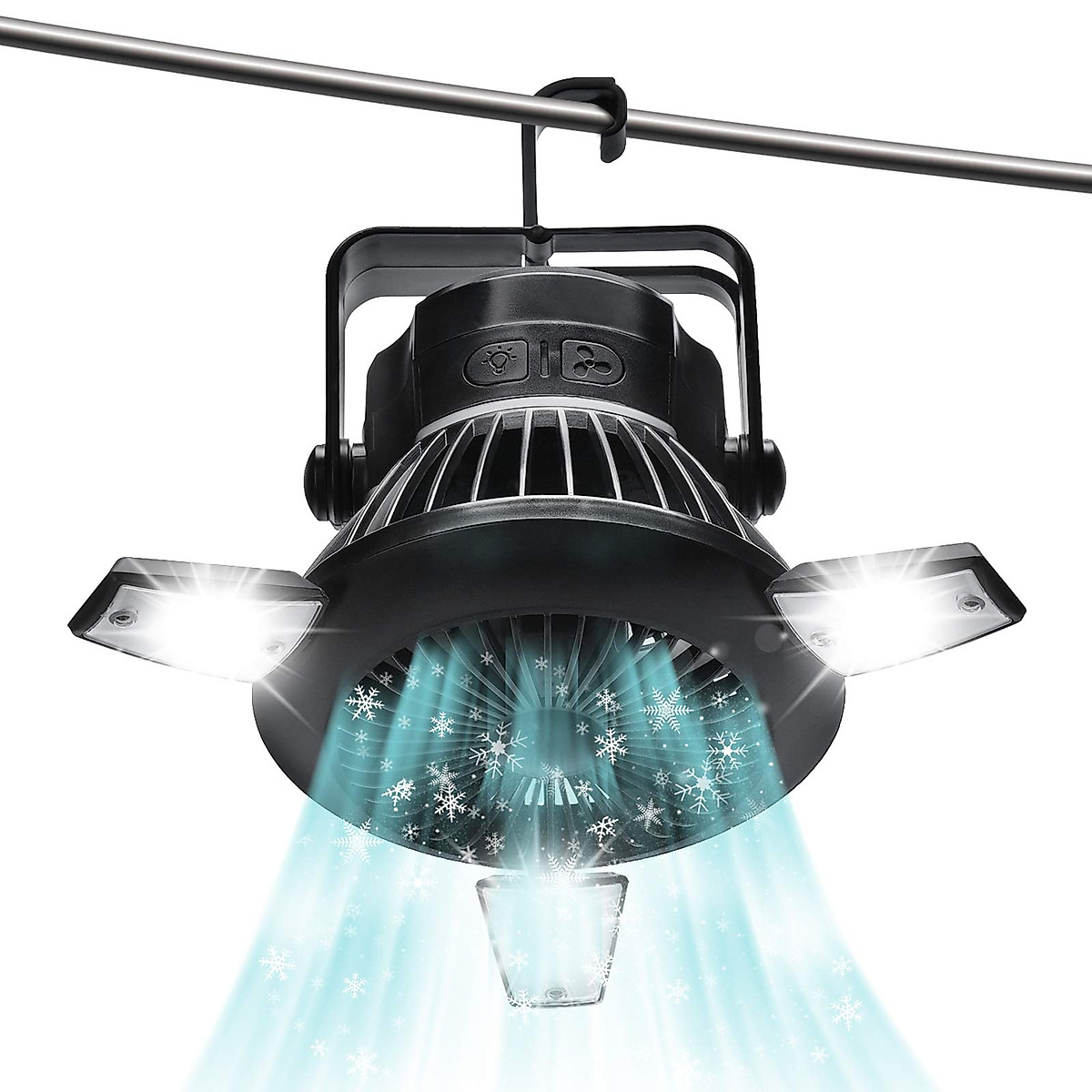 Misby Portable LED Camping Lantern with Ceiling Fan - Outdoor Tent Fan with Hook, Rechargeable Personal Desk Fan and Power Bank, 180° Quiet Battery Operated USB Table Fan for Fishing, Home, Office