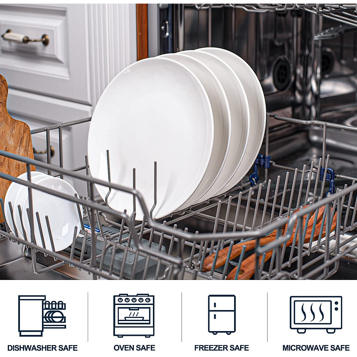 DELLING Dinner Plates Set of 6, 10 inch Ceramic Plates - Microwave, Oven, and Dishwasher Safe, Scratch Resistant - Modern Dinnerware Dish Set for Kitchen Serving - White