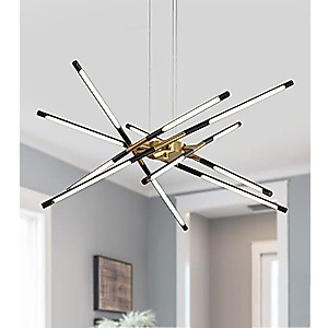 Q&S LED Modern Sputnik Chandelier,Black and Gold Mid-Century Dimmable Chandeliers with Remote for Dining Room Living Room 12 Lights