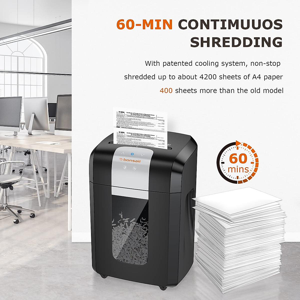 Bonsaii 14 Sheet Paper Shredder for Office, 60-Mins Cross-Cut P-4 Level Paper Shredder Shreddable Document/Mails/CDs/Credit Cards with 4.2 Gal Pullout Basket, Jam Proof & 4 Casters(3S16 Upgrade)