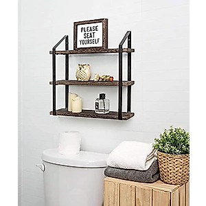 Mkono Floating Wall Shelves 3 Tier 17 Inch Rustic Hanging Shelf with Metal Bracket & 1 Pack Farmhouse Bathroom Signs Decor Rustic Wooden Box Sign