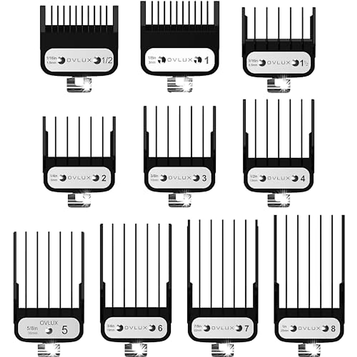 Professional set of 10 semi-metal black clipper guards, compatible with most Wahl clippers and ranging from 1/16" to 1",