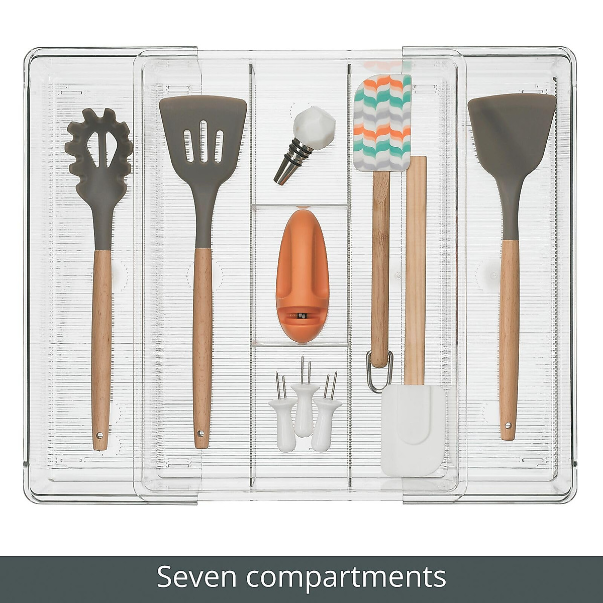 mDesign Dual Expandable Plastic In-Drawer Utensil Organizer Tray Deep 5 Section Divided for Kitchen Organization; Holds Cutlery, Flatware, Silverware, Cooking Utensils, Ligne Collection, 2 Pack, Clear