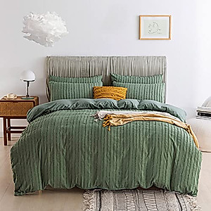 JELLYMONI Green Duvet Cover King Size - 3PCS Microfiber , Boho Striped Tufted Textured Duvet Cover with Corner Ties & Zipper Closure