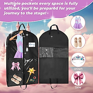 Sishynio Garment Bag, Clear Waterproof Garment Bags for Hanging Clothes, 43 Inch Black Garment Bag with 6 Pockets, Dance Garment Bag, Kids Garment Bag for Dance Competitions Sports Suit Travel