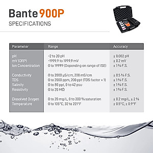 Bante 900P Portable pH/Conductivity/Dissolved Oxygen Meter | Multiparameter Water Quality Meter | for Measuring pH, ORP, Ion, Conductivity, TDS, Salinity, Resistivity, Dissolved Oxygen