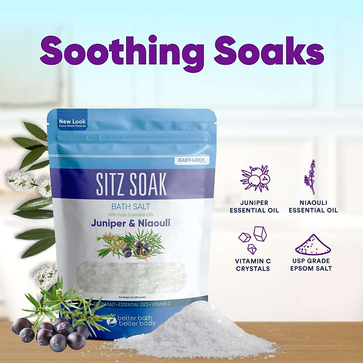 Sitz Bath Soak 2-Lbs Sitz Salt Epsom Salt Hemorrhoid Soothing with Pure Essential Oils in BPA Free Pouch with Press-Lock Seal Made in USA