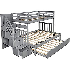 Harper & Bright Designs Stairway Twin Over Twin/Full Bunk Bed with Twin Size Trundle and Drawers, Solid Wood Bunk Bed Staircase Can be Placed on The Left or Right Side (Grey)