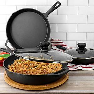 Megachef 13 Piece Pre-Seasoned Cast Iron Skillet Set with Temperd Glass Lids and Silicone Holders
