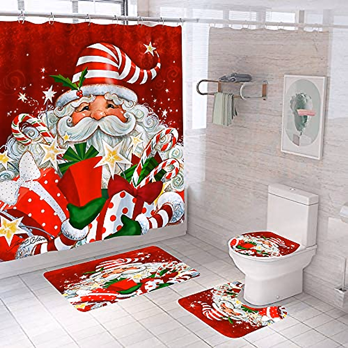 4Pcs Xmas Shower Curtain Sets with 12 Hooks,Bathroom Curtains Shower Set Toilet Mat Lid Rug,Bathroom Sets Shower Curtain Sets and Rugs and Accessories,72x72inch (Santa Claus)