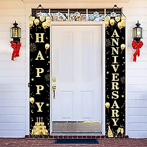 Wedding Anniversary Decorations Door Banner Decor, Black Gold Happy Anniversary Banner Sign Party Supplies, Anniversary Party Welcome Porch Door Decor for Outdoor