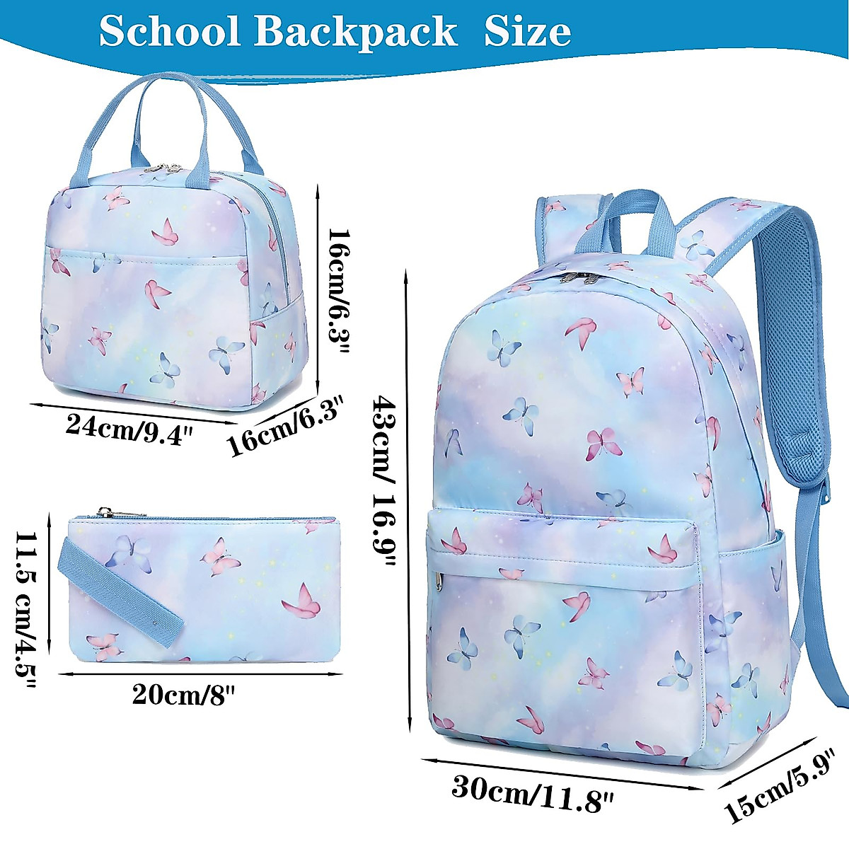 Dafelile Butterfly Backpack for Girls Backpack for Teen Girls Bookbags School Backpack with Lunch Tote and Pencil Bag Blue