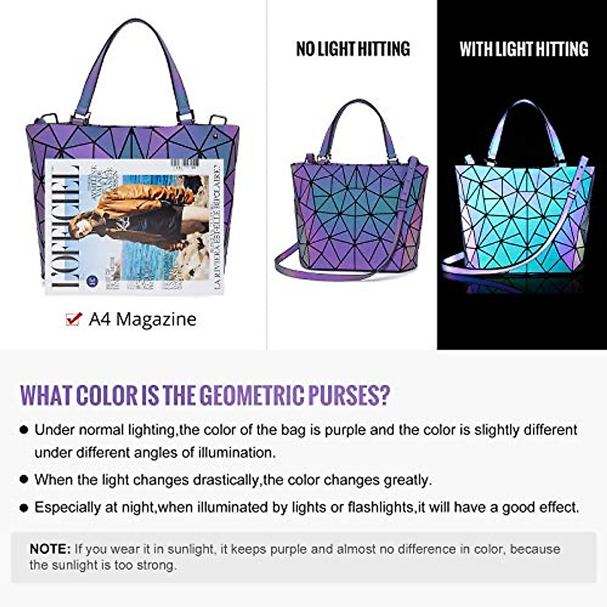 Geometric Luminous Purses and Handbags for Women Holographic Reflective Bag Backpack Wallet Clutch Set Medium