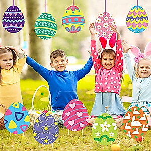 WATINC 10Pcs Easter Yard Sign Hanging Ornaments Bunny Eggs Flower Heart Star Outdoor Lawn Signs Hunt Games Spring Party Decorations Photo Props for Outside Garden Tree Wall with Stakes & Ribbons