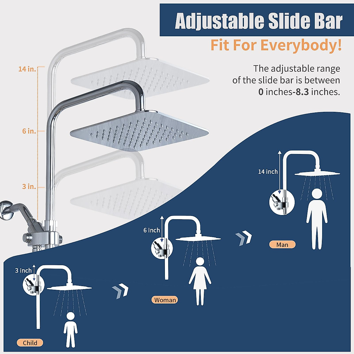 VXV Rainfall Shower Head Combo, 8'' High Pressure Rain Shower Head with 6 Function Handheld Spray, Dual Shower Head Combo with Adjustable Slide Bar, Chrome