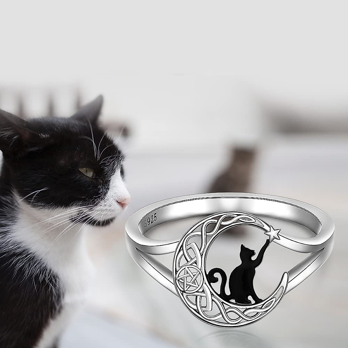 Celtic Knot Cat Ring Thumb Black Matching Cat Sterling Silver Rings for Women Animal Pentagram Pentacle Halloween Cats Lover Gifts Size 10