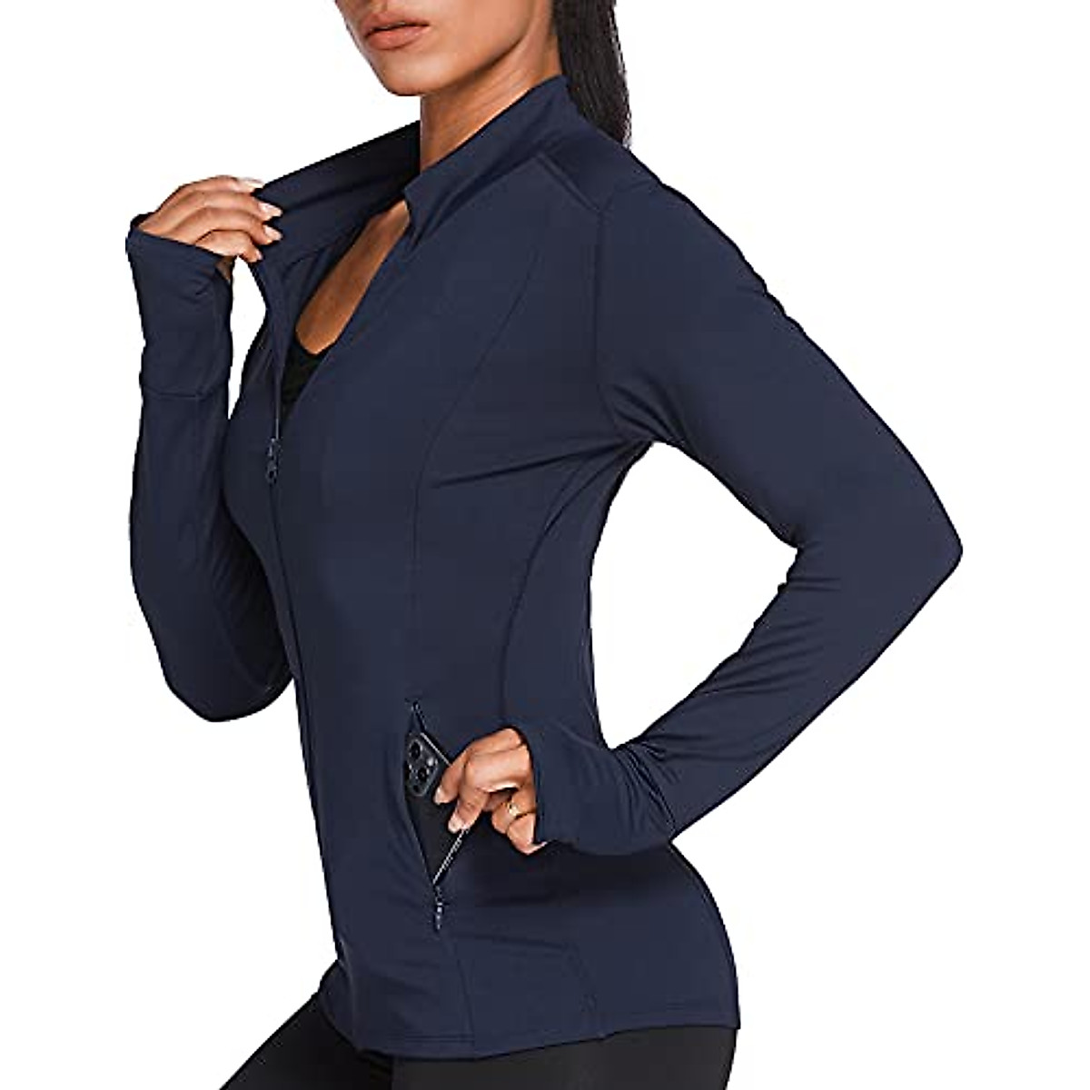 PINSPARK Workout Long Sleeve Sports Jacket For Women Full Zip Workout Running Track Jacket Breathable Navy Blue L